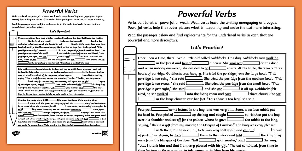 Powerful Verbs Writing Worksheet for 6th-8th Grade