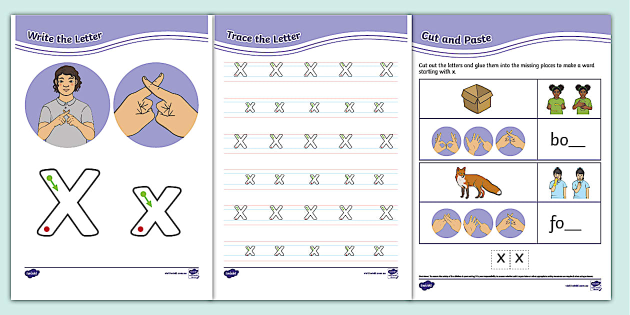 Letter X Handwriting Worksheets with Auslan