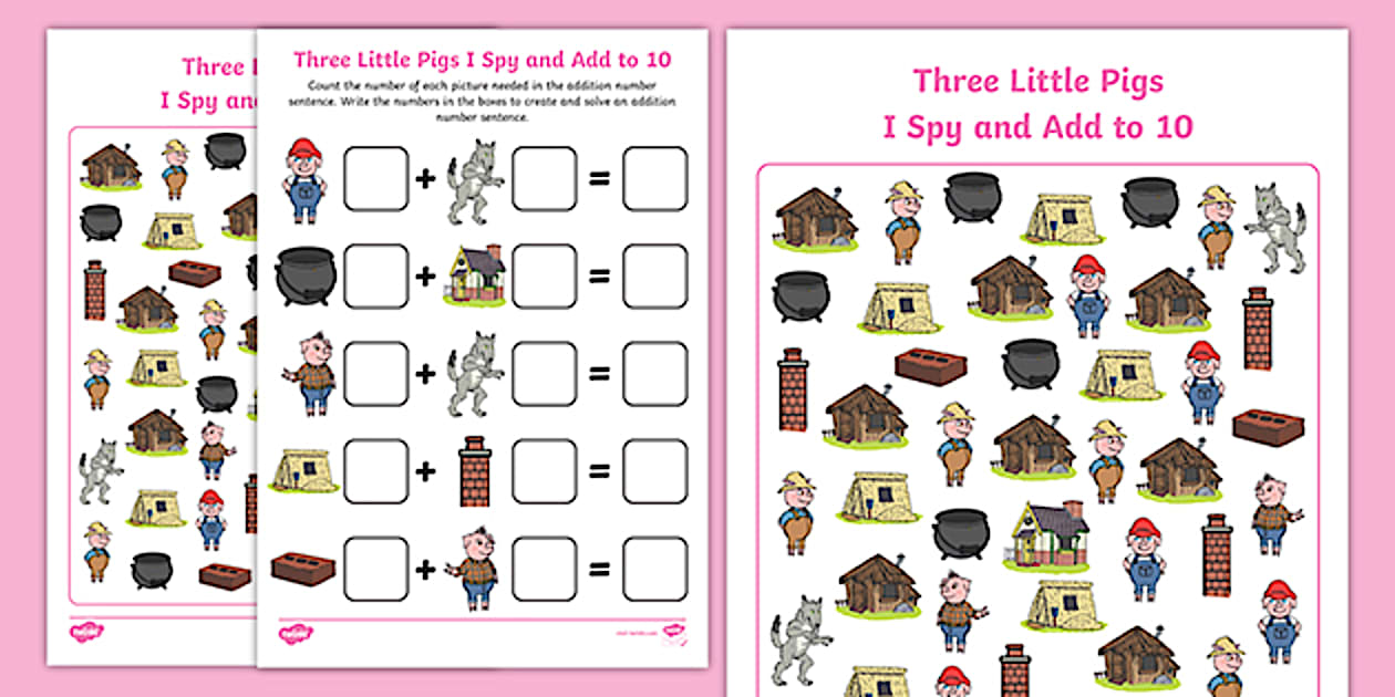 👉 Three Little Pigs I Spy and Add to 10 (teacher made)