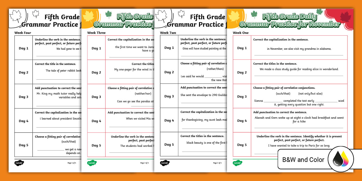 Fifth Grade Grammar Daily Grammar Practice for November