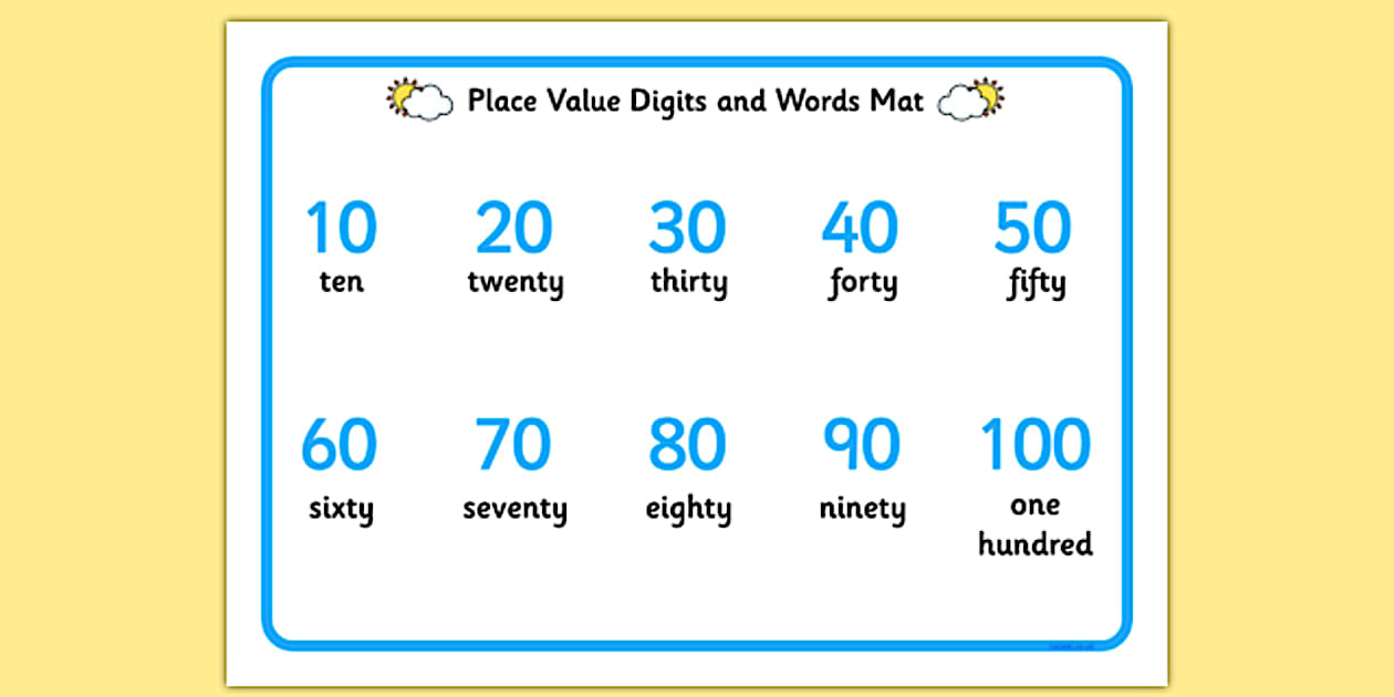 Cursive Place Value Digits and Words Mat 10-100 - Twinkl