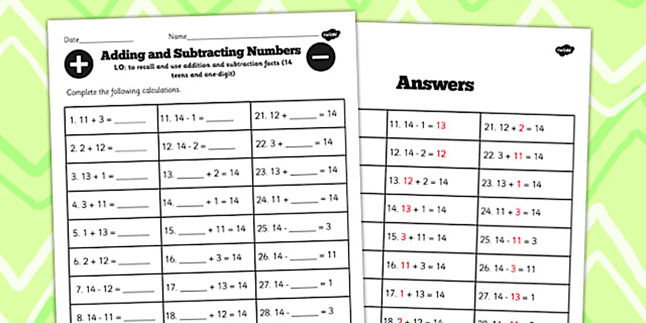 Number Facts to 14 Worksheet Teens Add One Digit - Twinkl