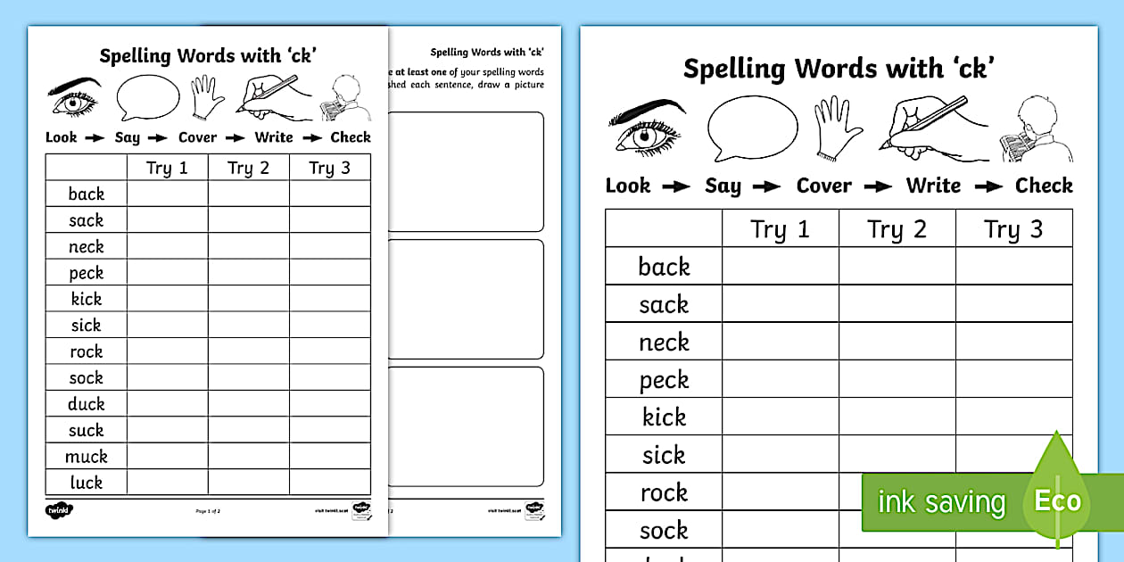 'ck' Spelling List Worksheets (teacher made) - Twinkl