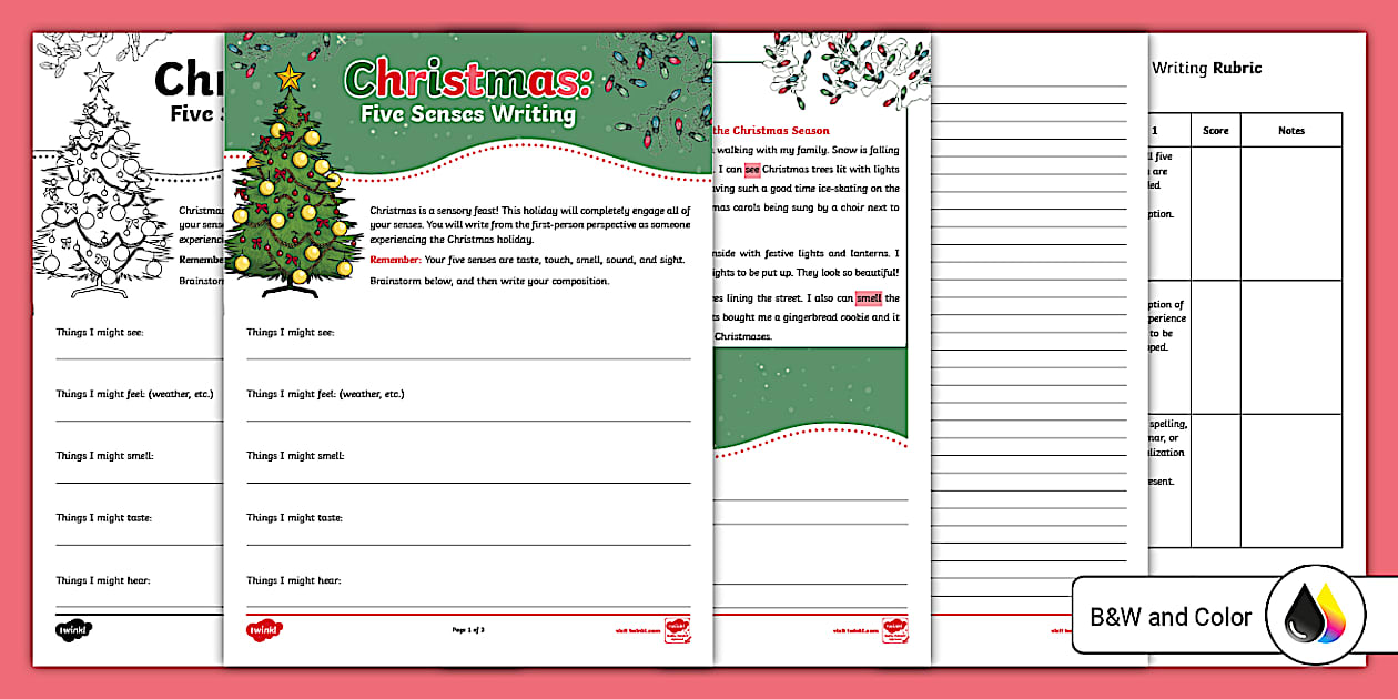 Christmas: Five Senses Writing, Mentor Text, and Rubric for 3rd-5th Grade