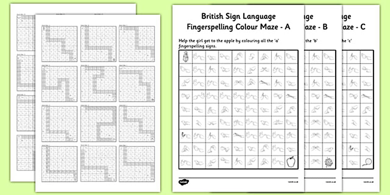 British Sign Language Left Hand Fingerspell Colour Maze Alphabet