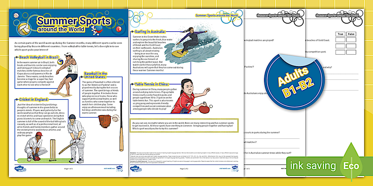 ESL Summer Sports Around the World: Reading Comprehension [Adults, B1-B2]
