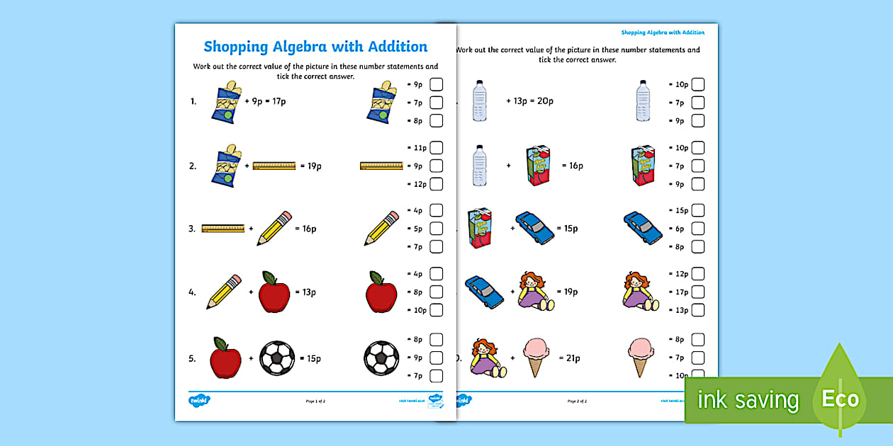 Algebra with Addition Shopping Worksheet - Twinkl