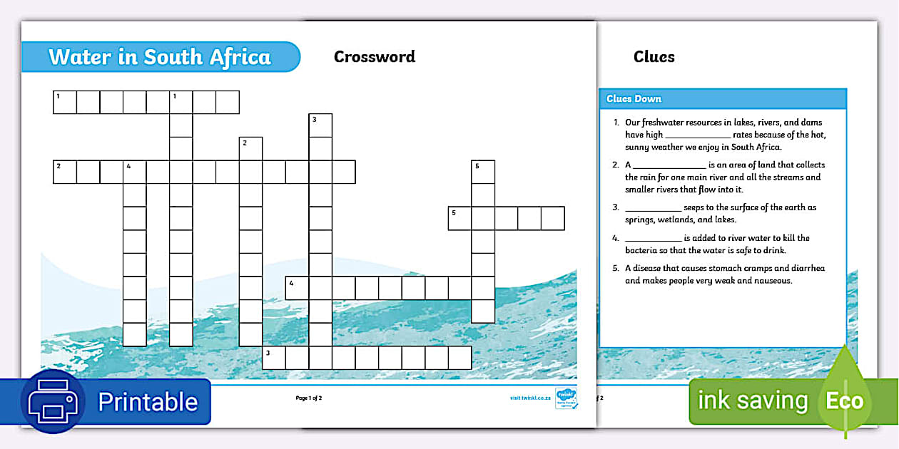 Water in SA Crossword Grade 4 (teacher made) - Twinkl