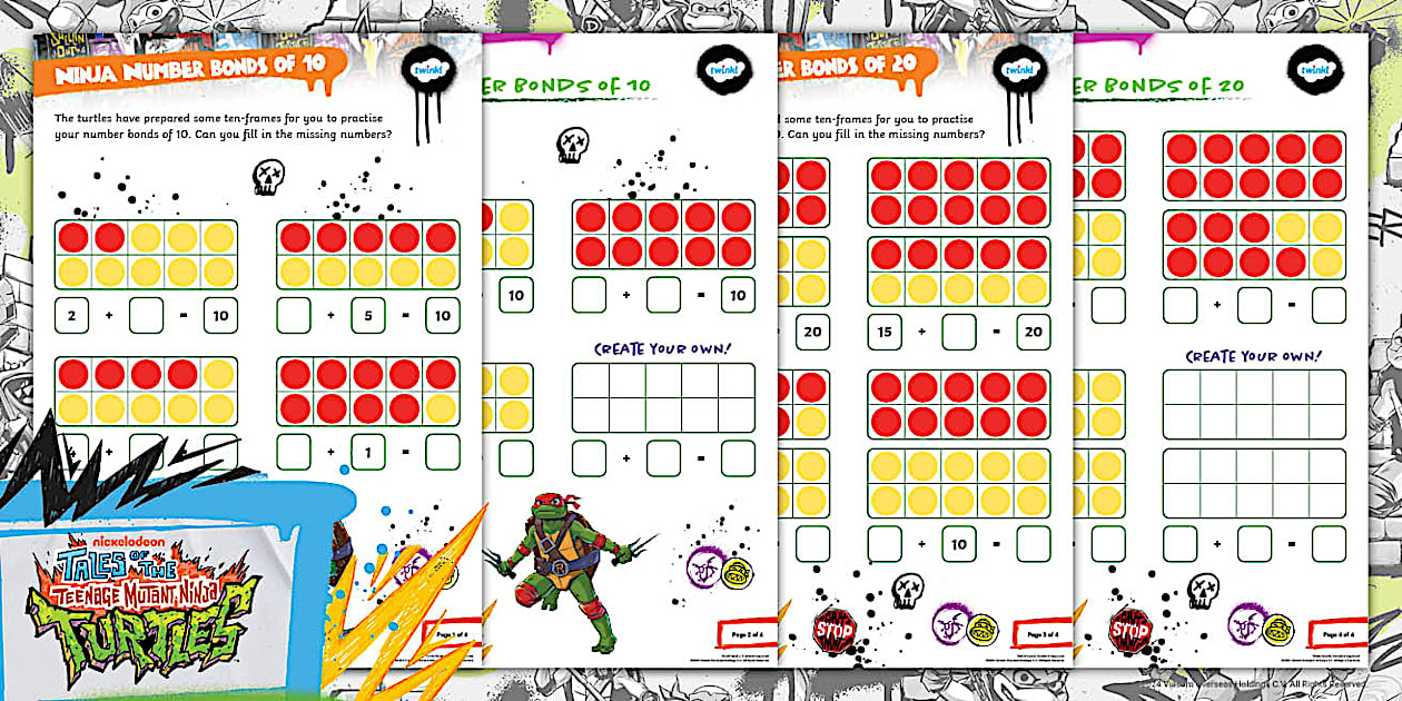 FREE! - 👉 TMNT Number Bonds to 10 and 20 Worksheet | Twinkl Maths