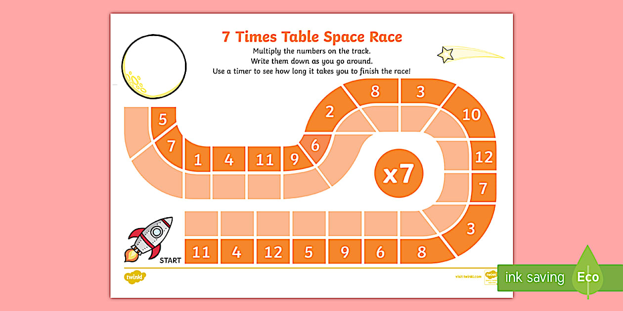Black and White 7 Times Table Space Race Worksheet - Twinkl