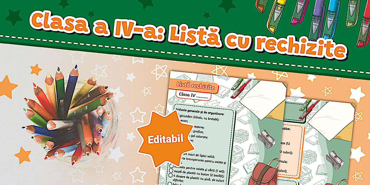 Clasa a IV-a: Listă cu rechizite – Model editabil