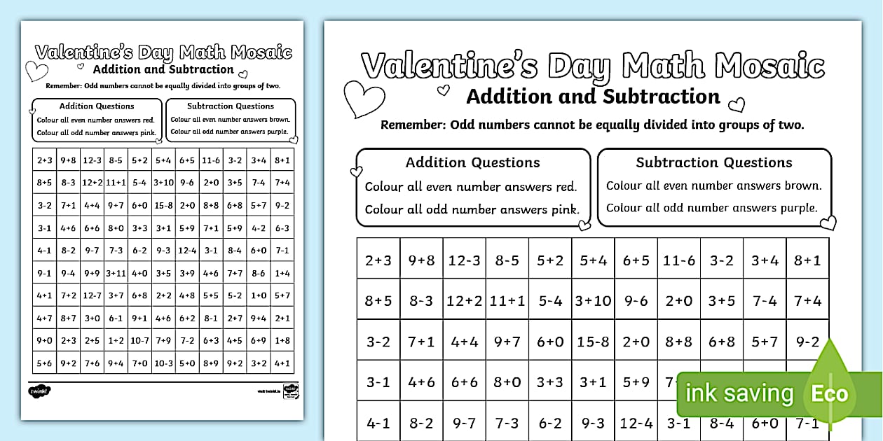 FREE Valentine's Day Math Mosaic Addition and Subtraction Activity