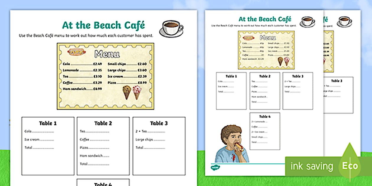 Editable KS2 Summer Themed At the Beach Cafe Money Worksheets