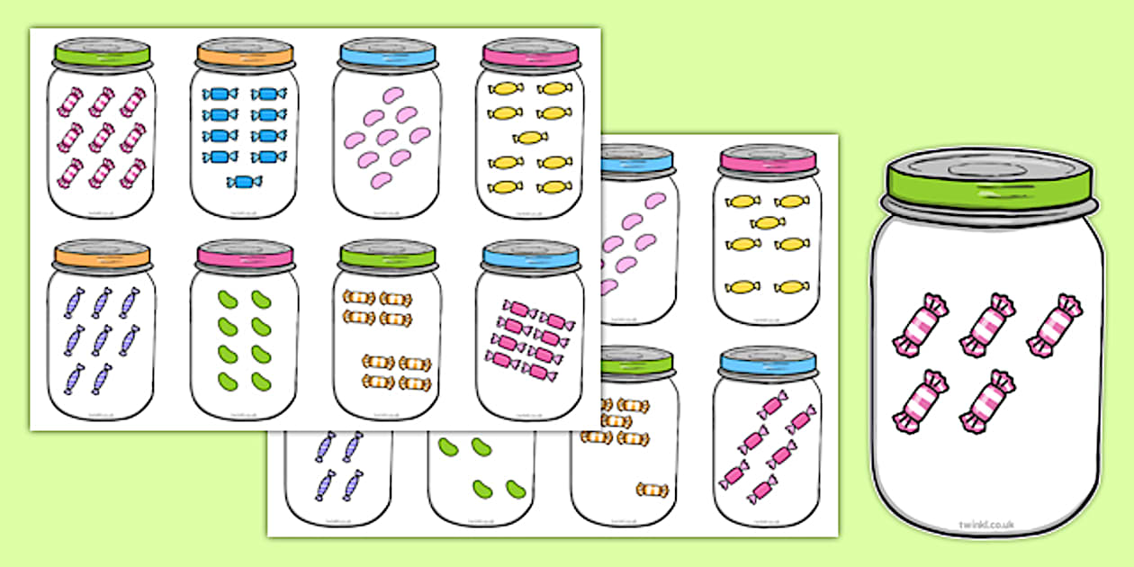 Sweets in Jar Subitising Cards 1-9 (teacher made) - Twinkl