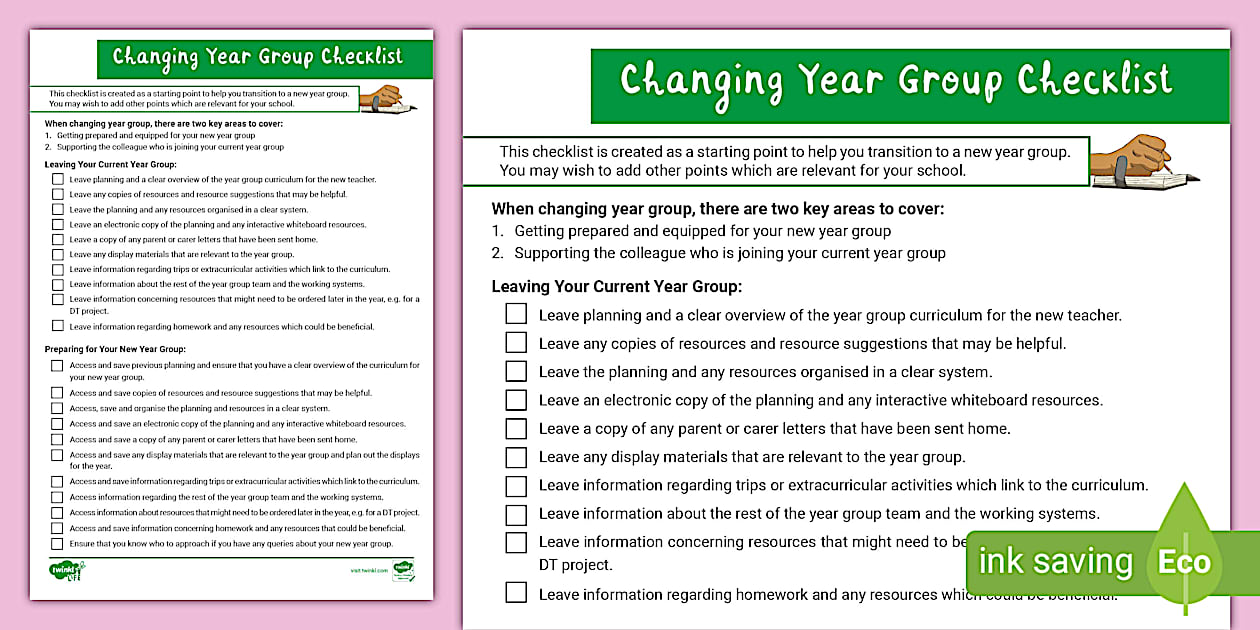 Changing Year Group Checklist - Twinkl