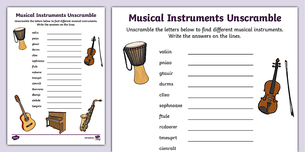 Musical Instruments Unscramble Worksheet - Twinkl - KS1