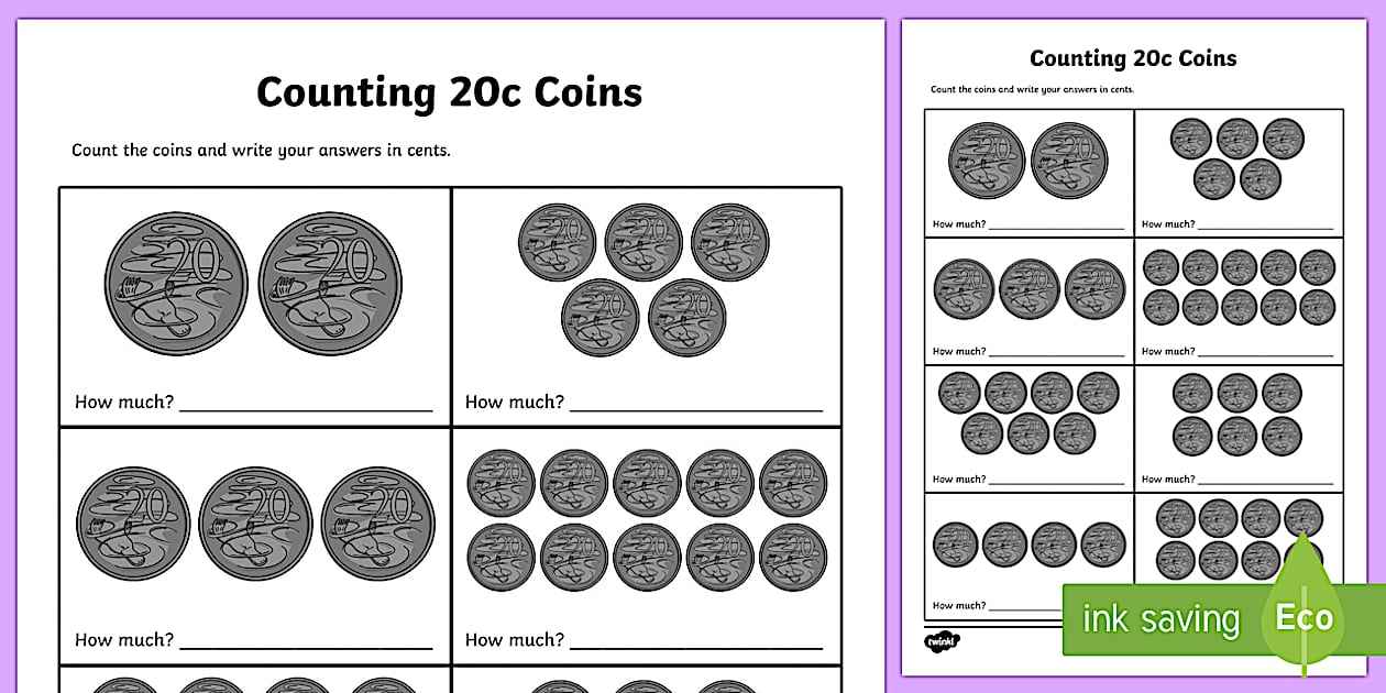 Counting 20c Coins Worksheet / Worksheet (teacher made)