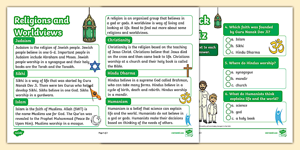 KS1 Religions and Worldviews Fact File and Quick Quiz