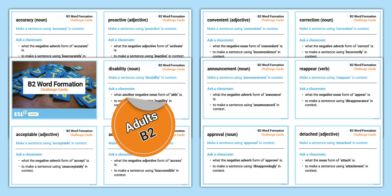 ESL Word Formation Challenge Cards for B2 Adults - Twinkl