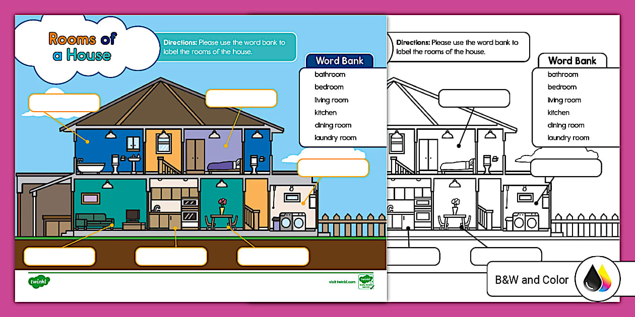 Rooms of a House Labeling Worksheet for K-2nd Grade - Twinkl