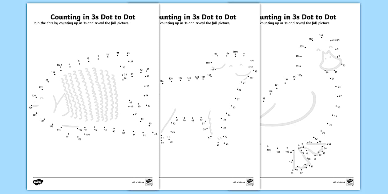 Editable Counting in 3s Dot to Dot Animal Themed Worksheets