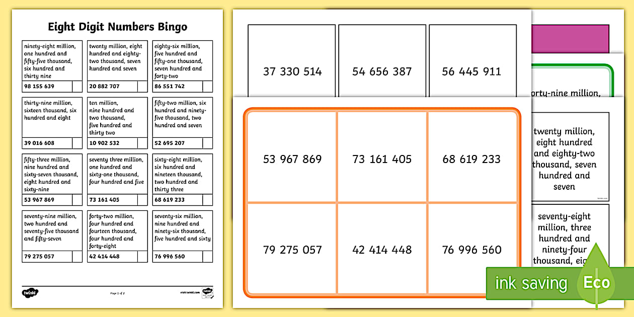 Eight Digit Number Bingo - Eight Digit Number Bingo - Twinkl