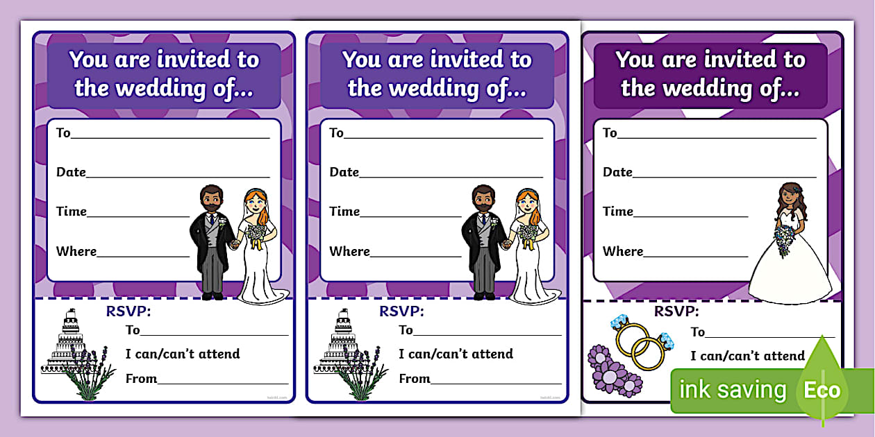 Purple Themed Wedding Invitations (teacher made) - Twinkl