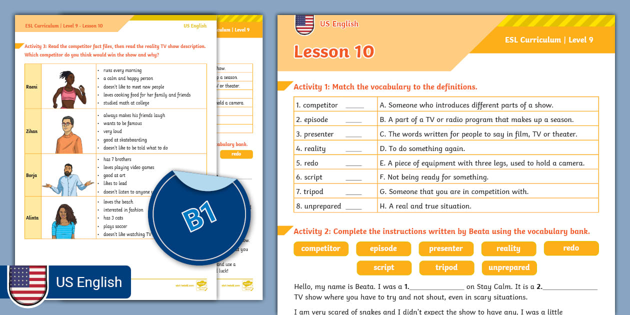 ESL Curriculum Level 9, Lesson 10 Activity Sheet on Twinkl