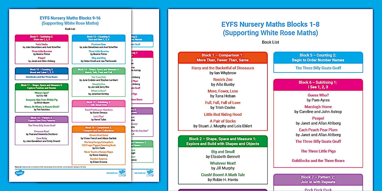👉 EYFS Nursery Book List Blocks 1-16 Supporting White Rose