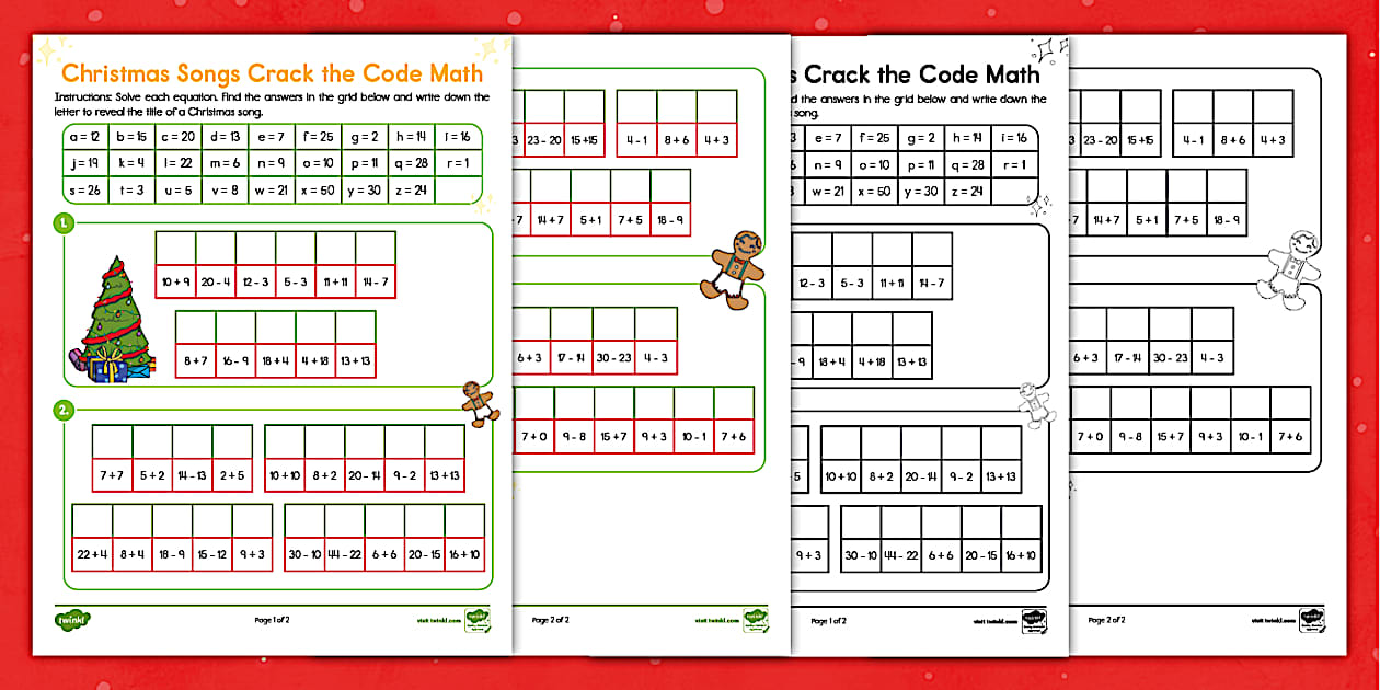 Christmas Songs Crack the Code Math Worksheet | Puzzles