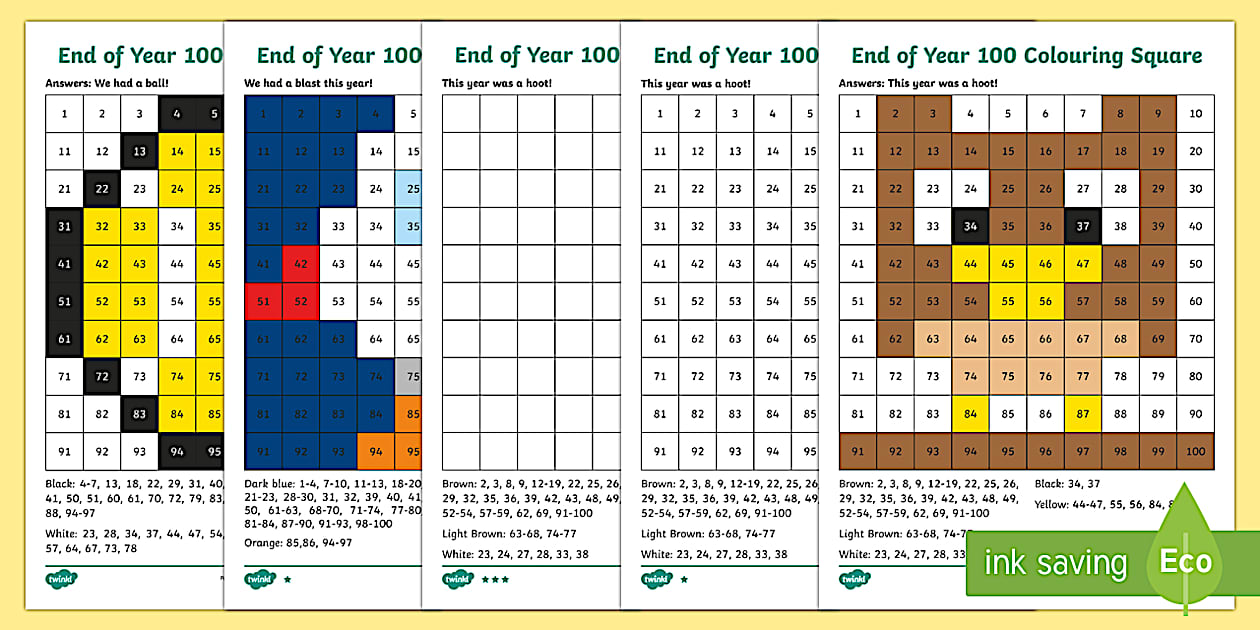 TAS End of Year Colour by Number 100s Chart Worksheets