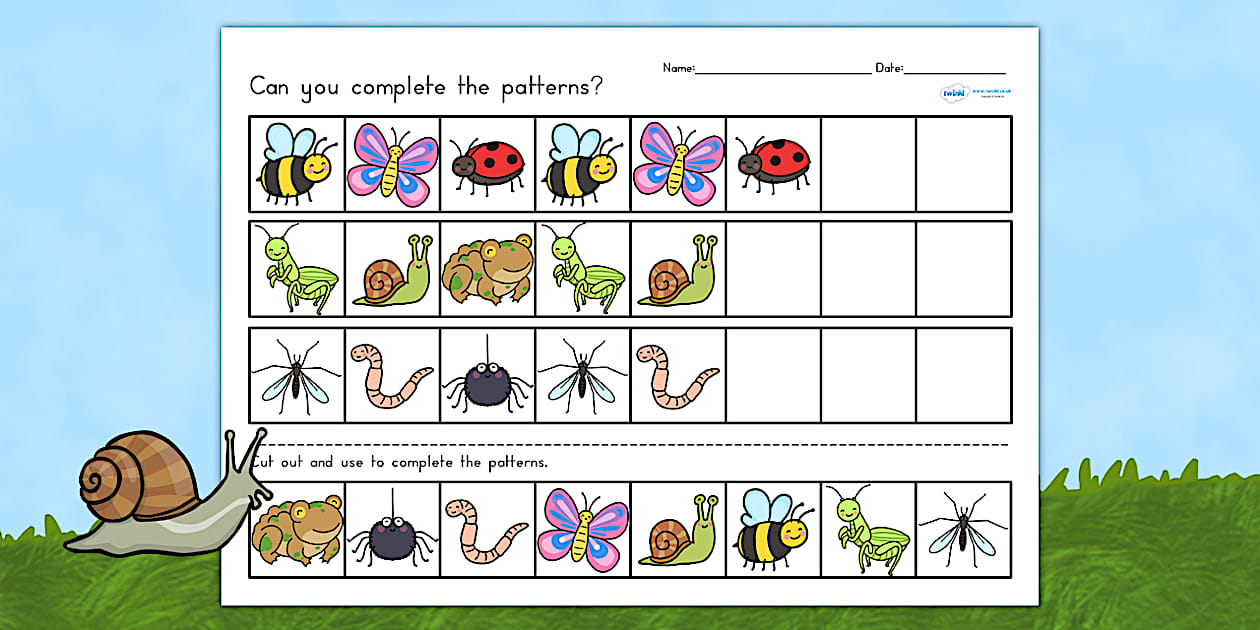 Minibeasts Cute Complete the Pattern Worksheets - minibeast