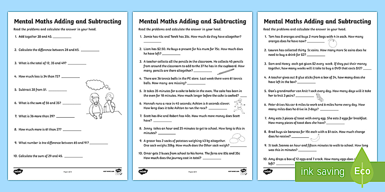 SA Mental Maths Addition and Subtraction Worksheets - Twinkl