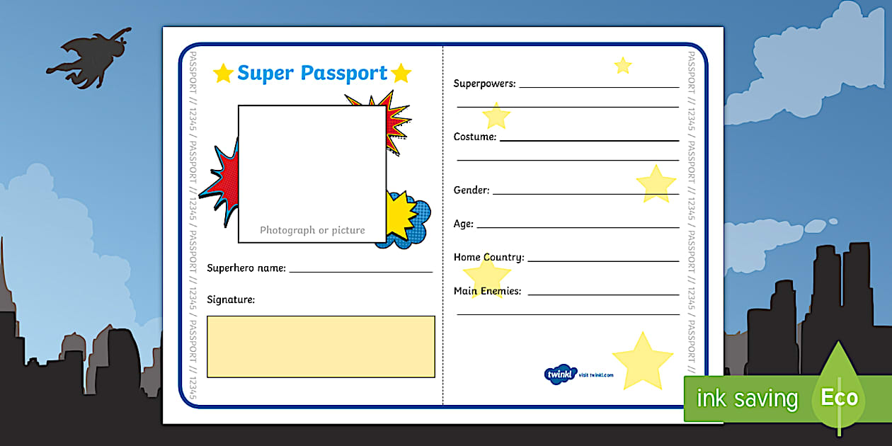 Superhero Passport Writing Frame (teacher made) - Twinkl