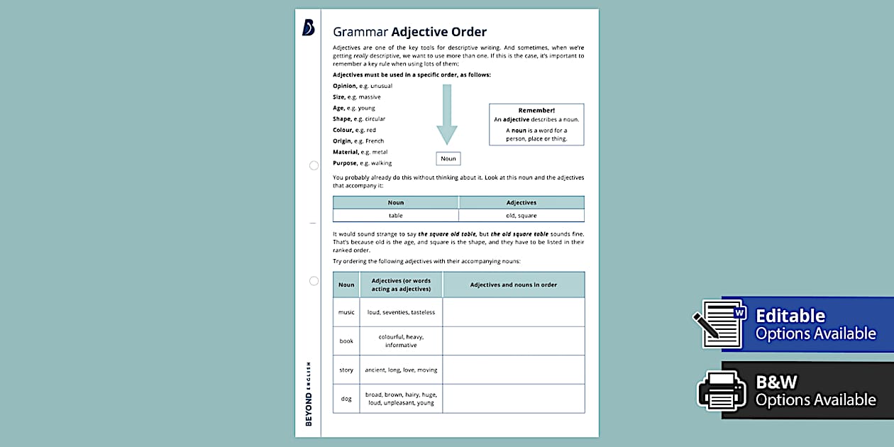 Adjective Order Worksheet | KS3 SPaG | Beyond English