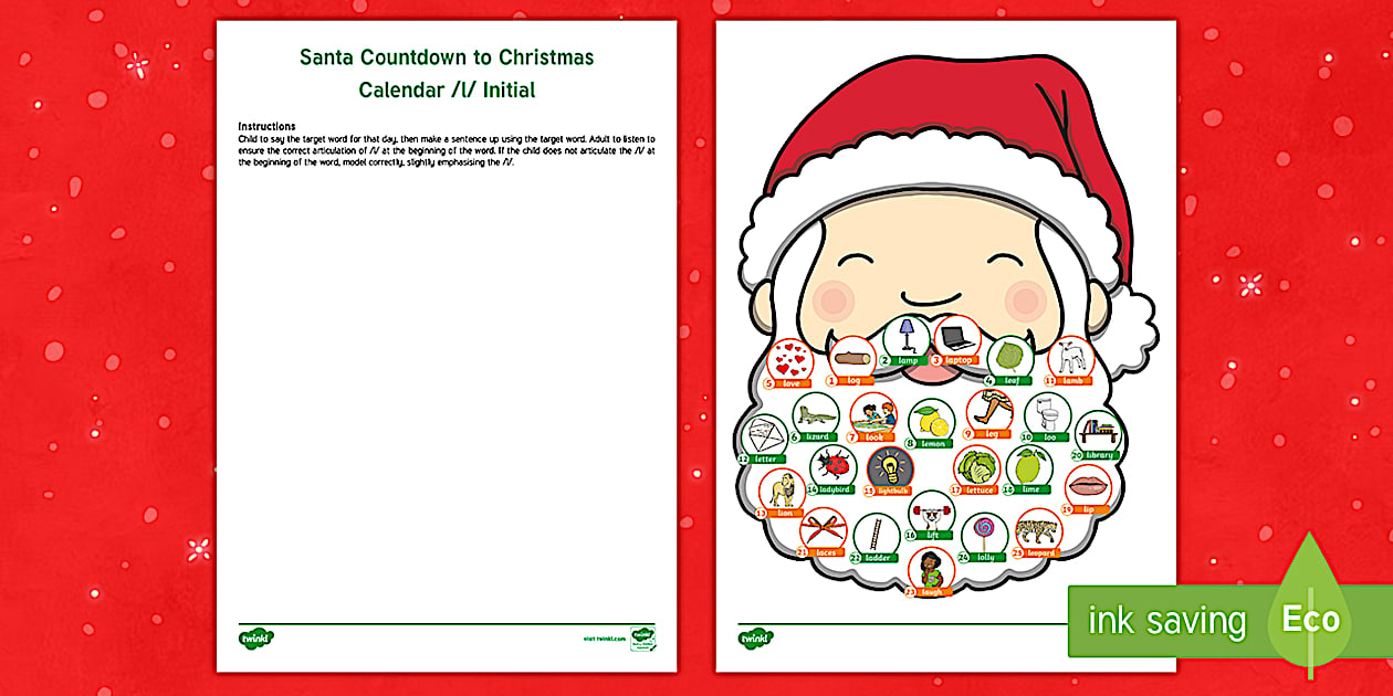 Santa Countdown to Christmas Calendar /l/ Initial Worksheet