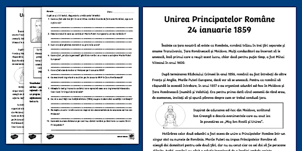 Unirea Principatelor Române – Fișă de lectură 9-12 ani