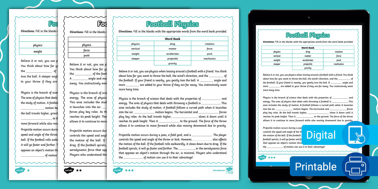 Football Physics Differentiated Cloze Reading Worksheet