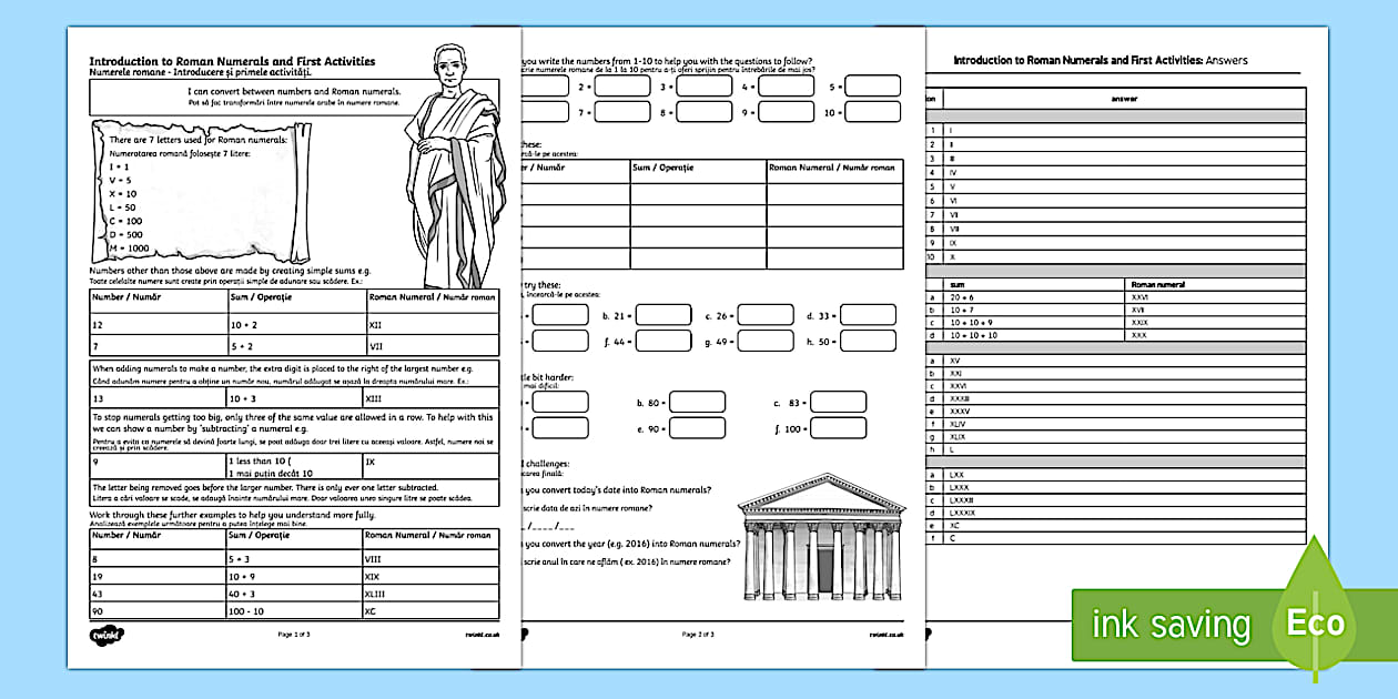 Introduction to Roman Numerals and First Activities English/Romanian
