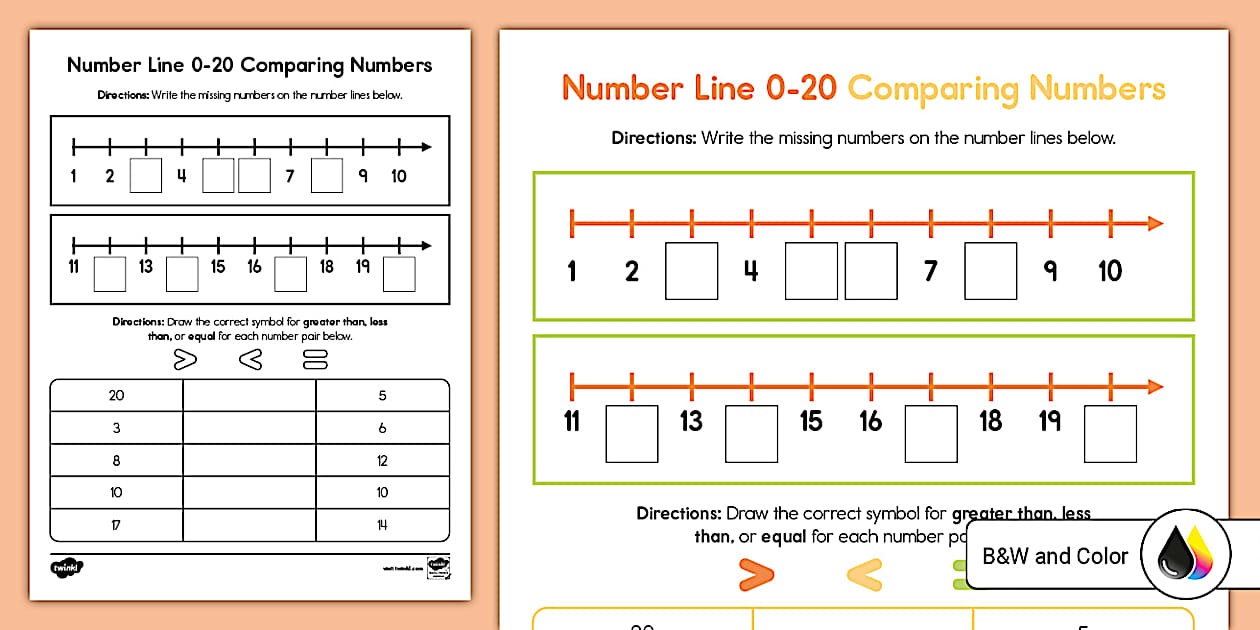Number Line 0-20 Comparing Numbers Activity Sheet - Twinkl