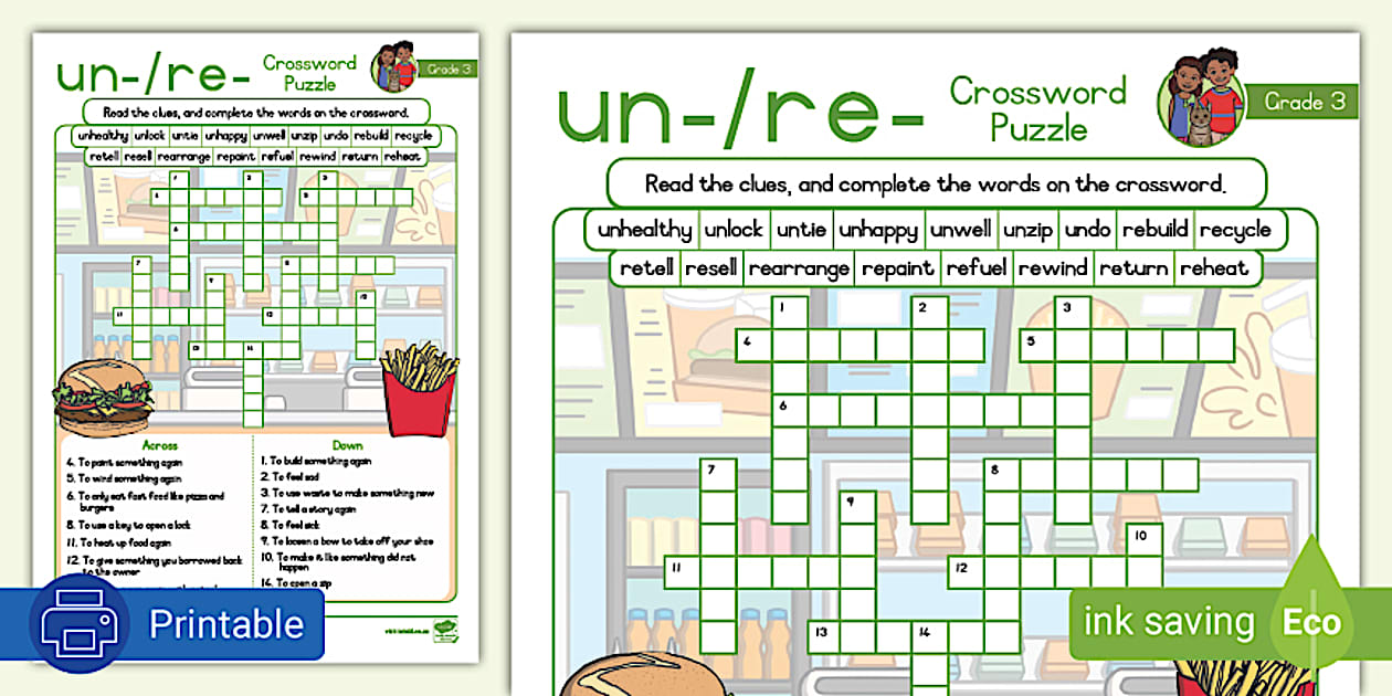 Grade 3 Phonics Crossword Puzzle Prefixes un- re- - Twinkl