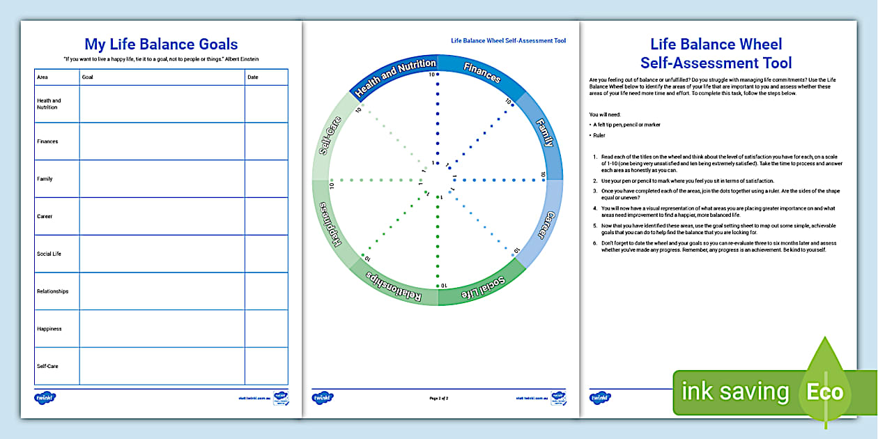 Life Balance Wheel Self-Assessment Tool and Goal Setting