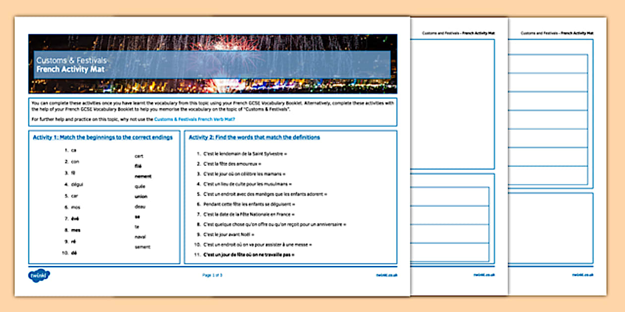 Customs and Festivals French Worksheet / Worksheet-French, worksheet