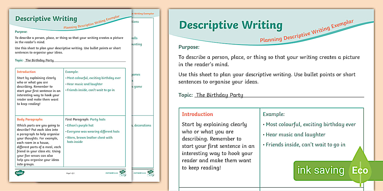 Level 2 Descriptive Writing - Planning Sheet Exemplar