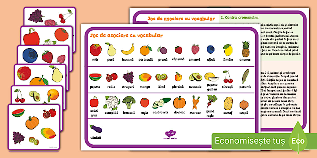 Joc de asociere cu vocabular despre fructe și legume – Cartonașe