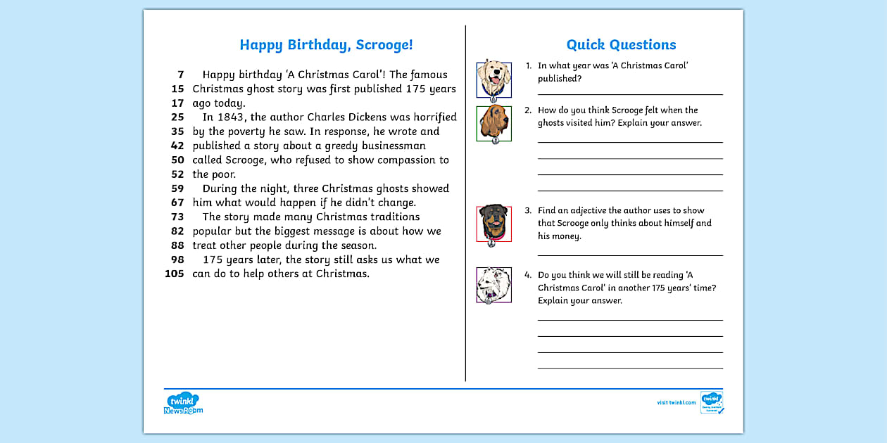 LKS2 'A Christmas Carol' Daily News 60-Second Read Activity Cards