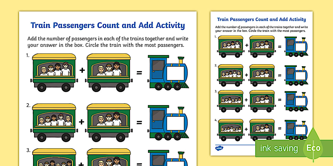 TAS Train Passengers Count and Add Worksheet - Twinkl