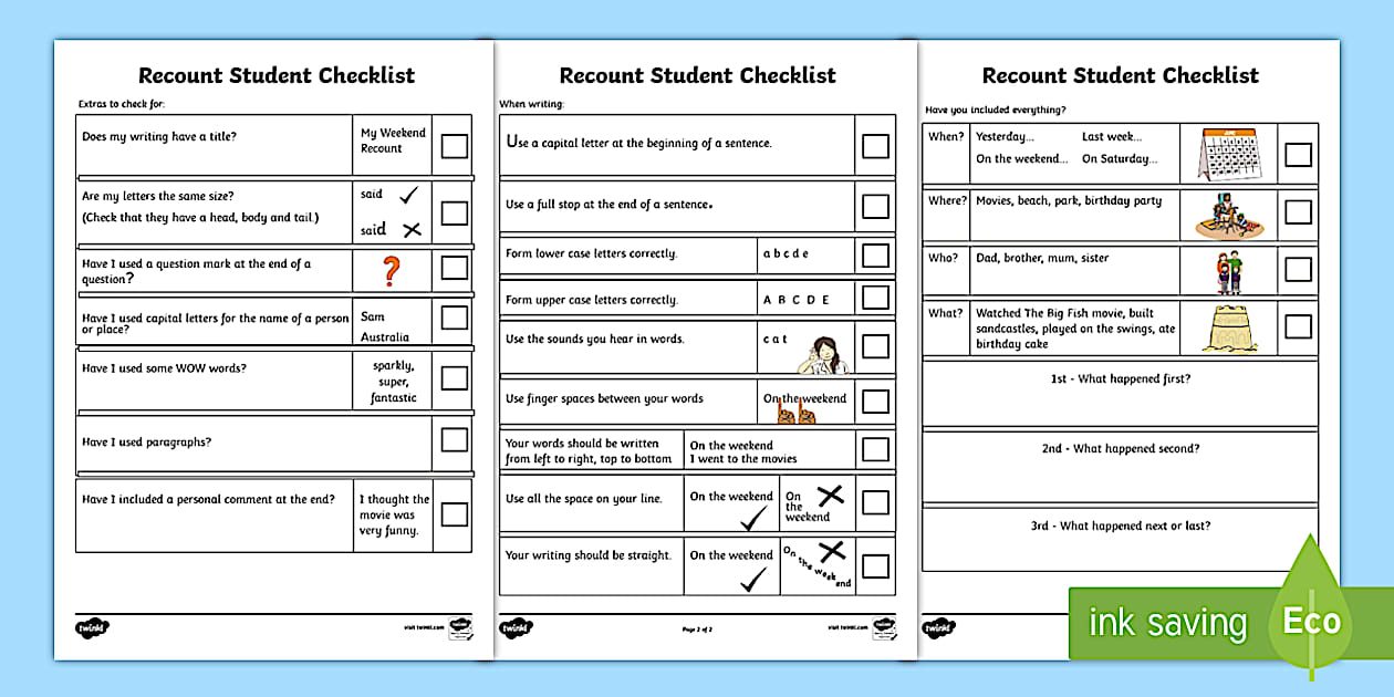 VIC Foundation Recount Student Checklist - Twinkl