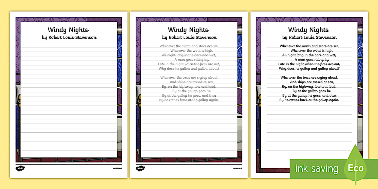 Editable Windy Nights Poem Handwriting Practice - Twinkl
