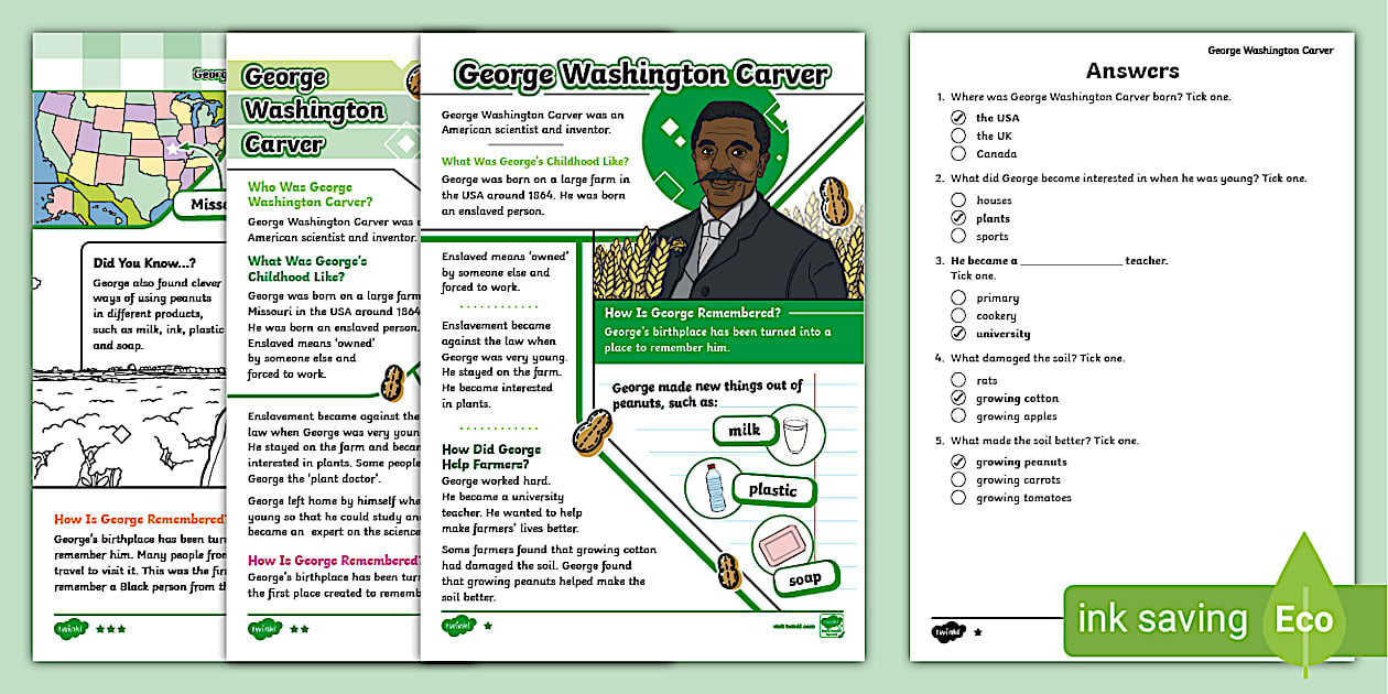 KS1 George Washington Carver Reading Comprehension - Twinkl